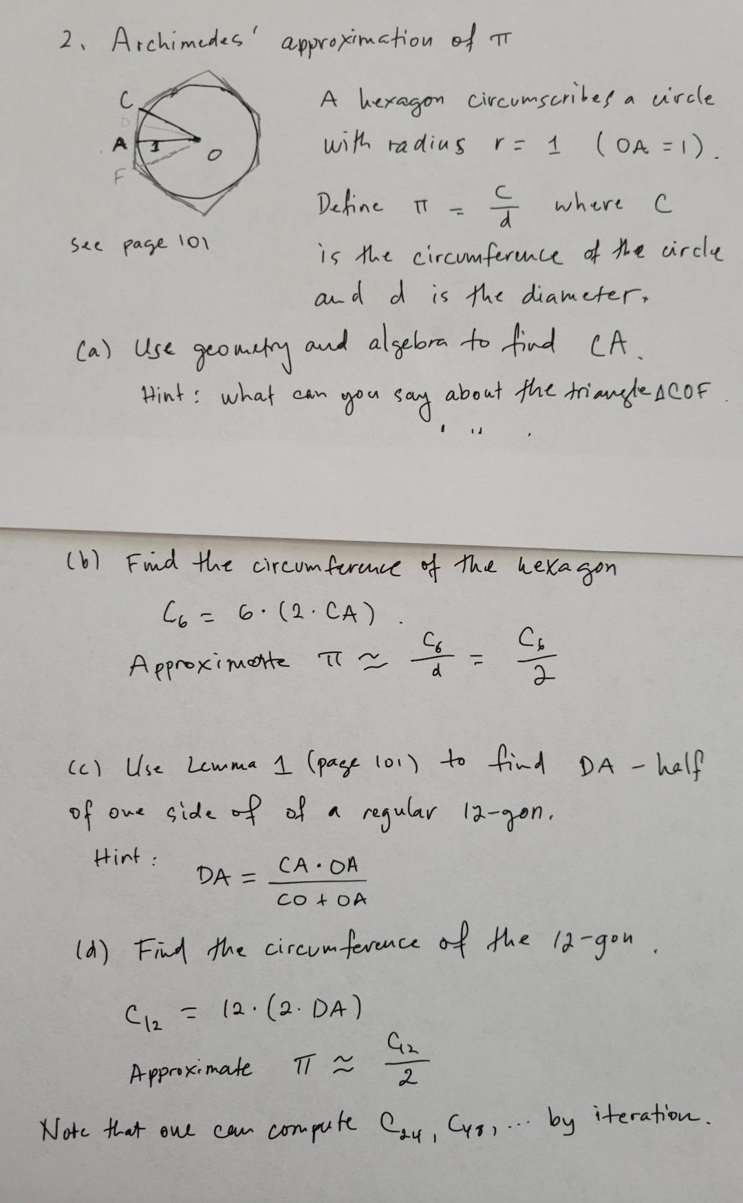 Solved с C 2. Archimedes' approximation of T A hexagon | Chegg.com