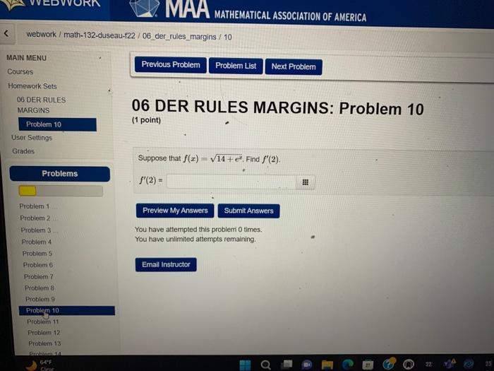 Solved 06 DER RULES MARGINS: Problem 10 (1 point) Suppose | Chegg.com