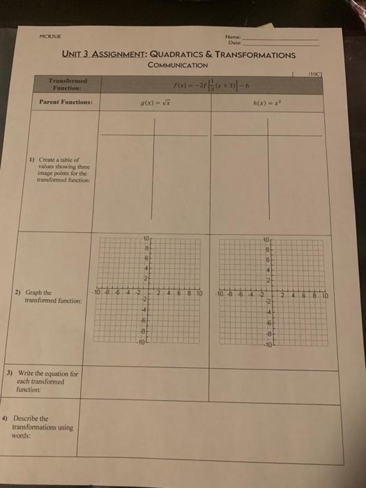 Solved UNIT 3 ASSIGNMENT: QUADRATICS \& TRANSFORMATIONS | Chegg.com