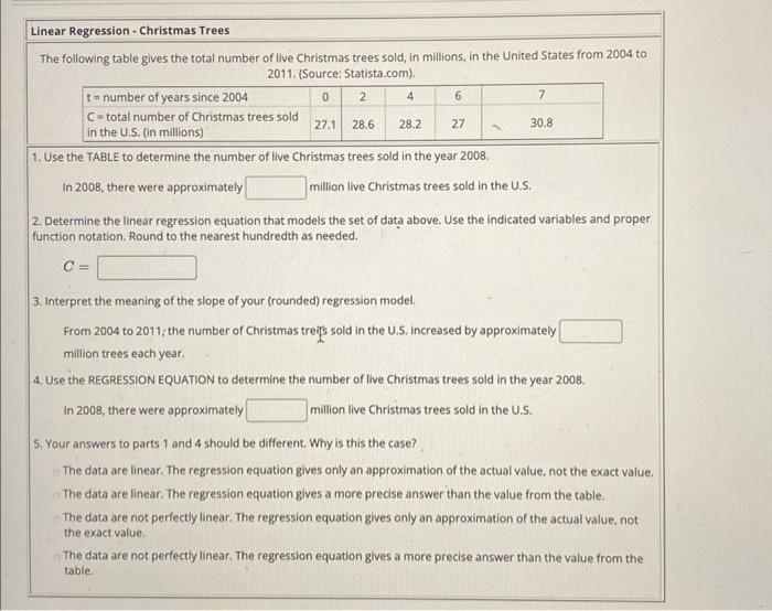 Solved Linear Regression - Christmas Trees The following | Chegg.com