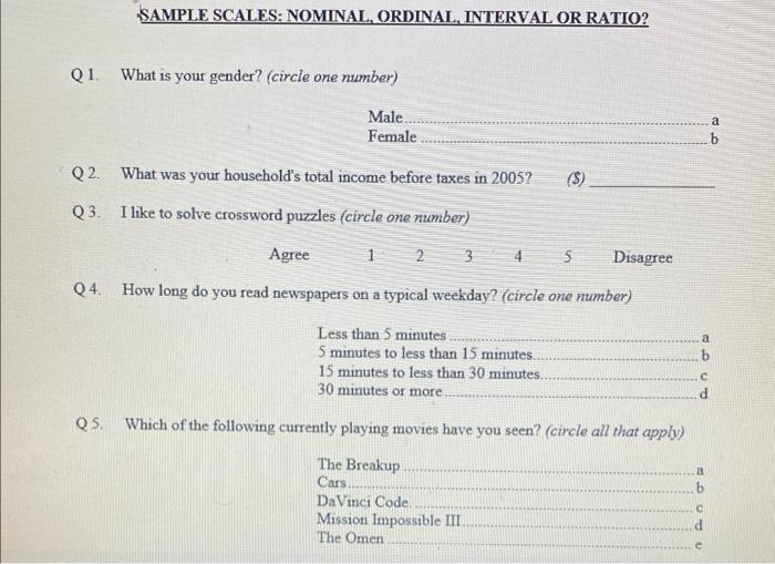 SAMPLE SCALES: NOMINAL, ORDINAL, INTERVAL OR RATIO? | Chegg.com