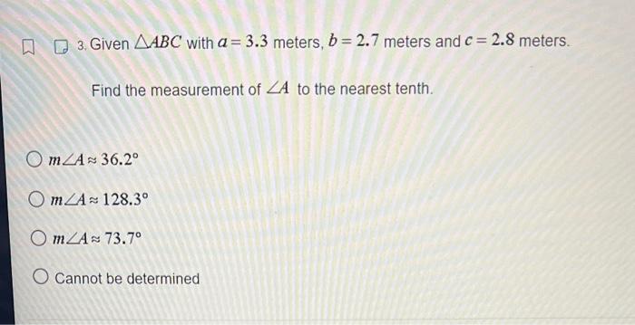 Solved 3. Given ABC with a=3.3 meters, b=2.7 meters and | Chegg.com