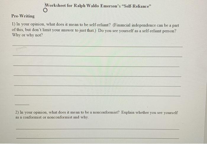 Worksheet for Ralph Waldo Emerson's "Self-Reliance" | Chegg.com
