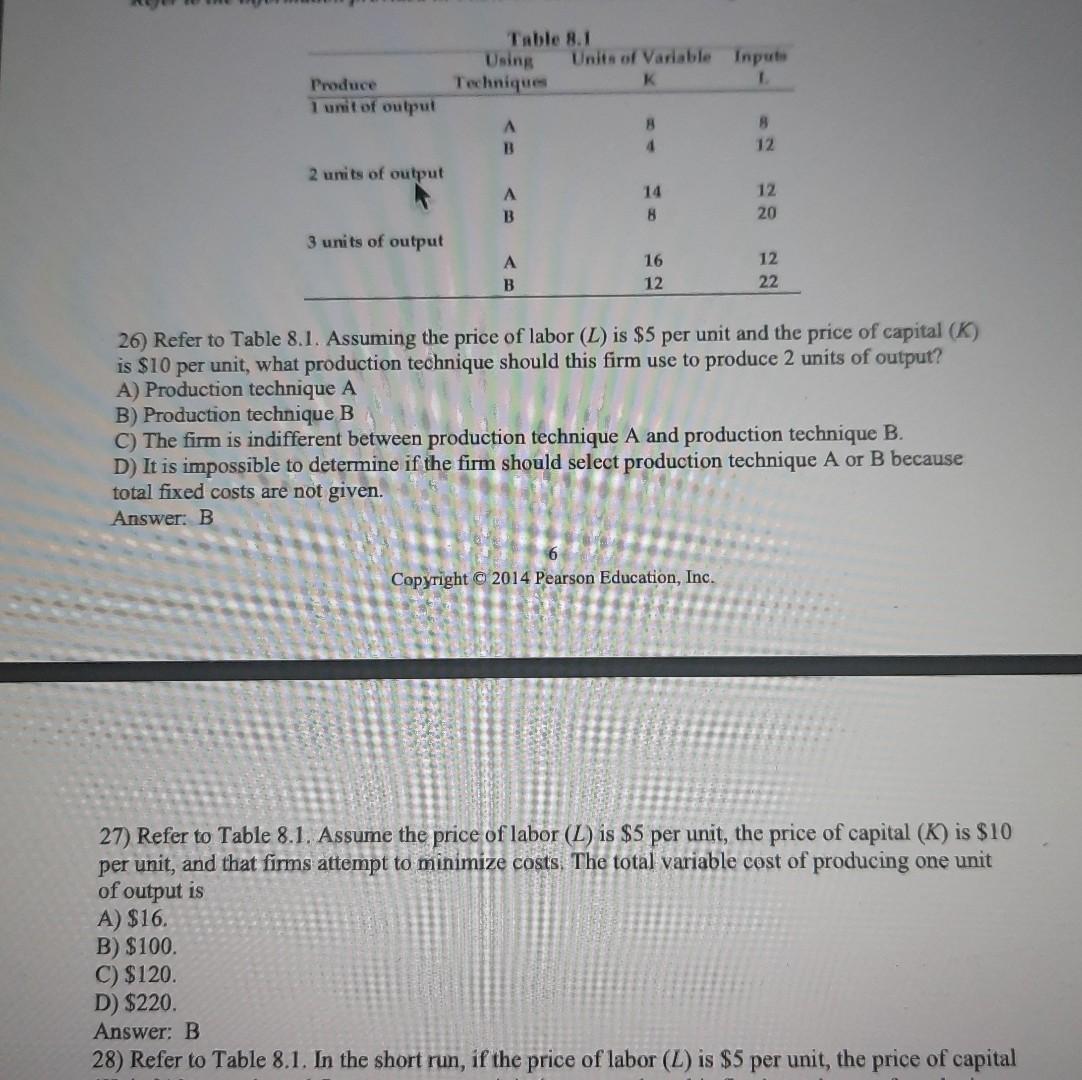 Solved 26) Refer to Table 8.1. Assuming the price of labor | Chegg.com