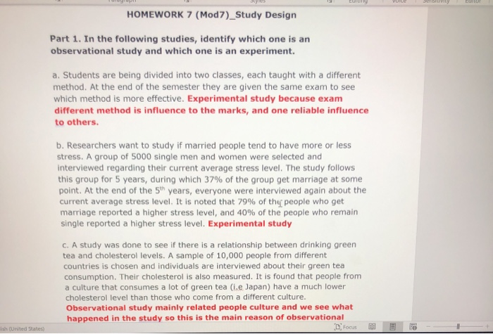 Solved HOMEWORK 7 (Mod 7)_Study Design Part 1. In the | Chegg.com