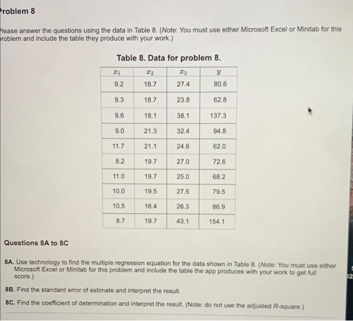 Solved Problem 8 Please answer the questions using the data | Chegg.com
