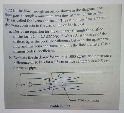 Solved 5.72 ﻿In the flow through an orifice shown in the | Chegg.com