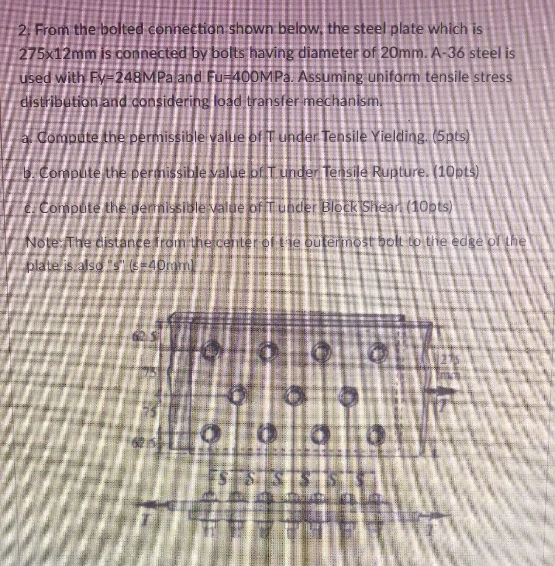 Solved 2. From the bolted connection shown below, the steel | Chegg.com