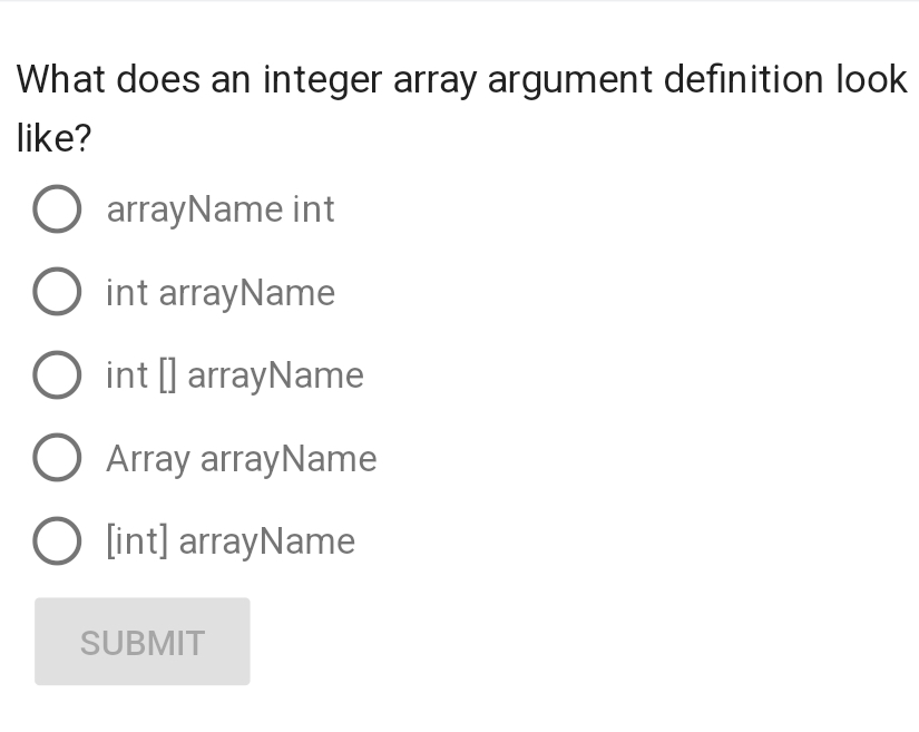 Solved What does an integer array argument definition look | Chegg.com