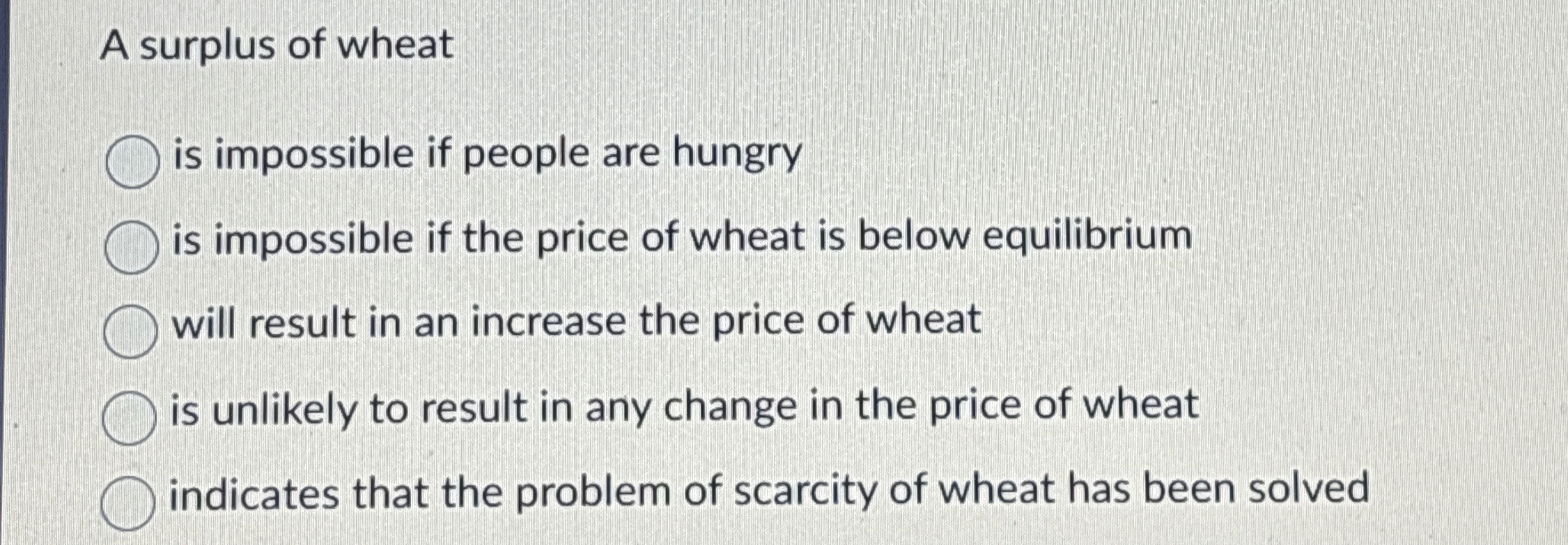 Solved A surplus of wheatis impossible if people are | Chegg.com