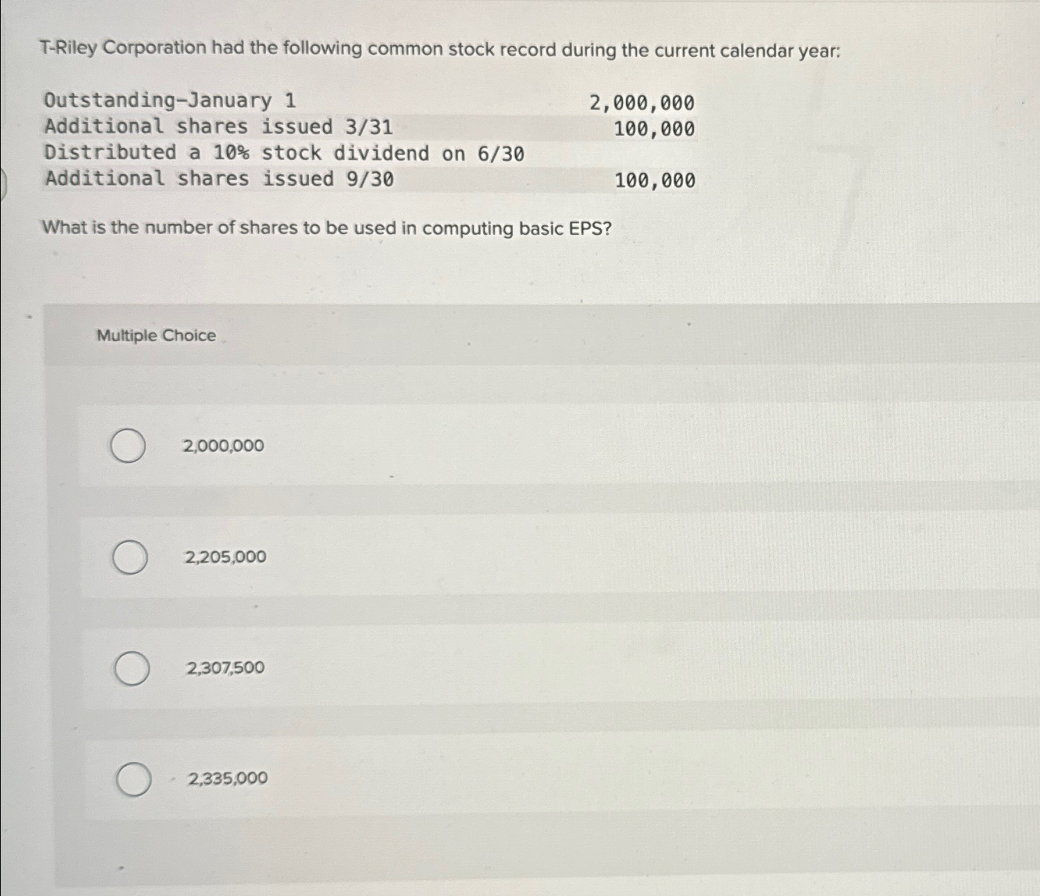 Solved T-Riley Corporation had the following common stock | Chegg.com