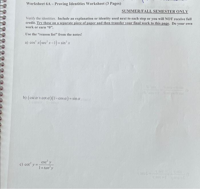 Solved Worksheet 6A - Proving Identities Worksheet (3 Pages) | Chegg.com
