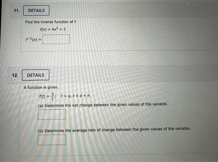 Solved Find the inverse function of f. f(x)=6x3+3 f−1(x)= A | Chegg.com