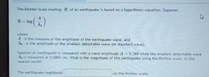 Solved The Pochter Scale reading, R, ﻿of an earthquake is | Chegg.com
