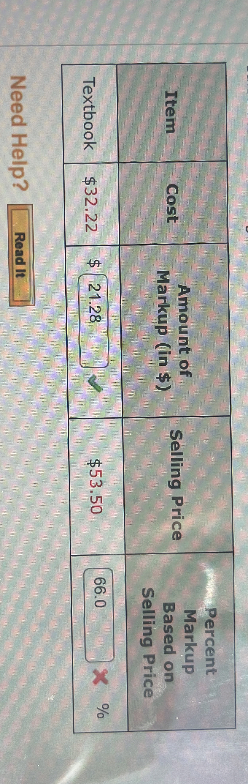 Solved \table[[Item,Cost,\table[[Amount of],[Markup (in | Chegg.com