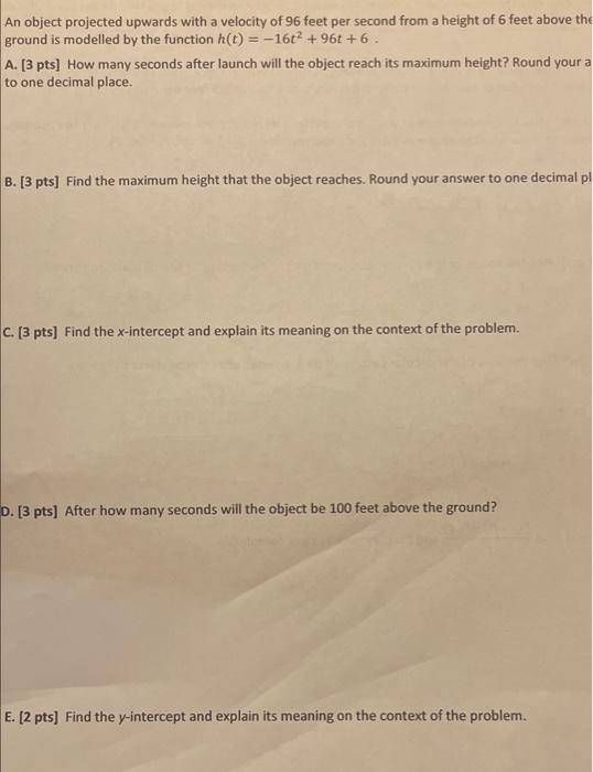 Solved An object projected upwards with a velocity of 96 | Chegg.com