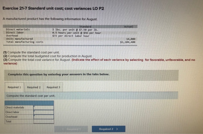 Solved Exercise 21-7 Standard unit cost; cost variances LO | Chegg.com