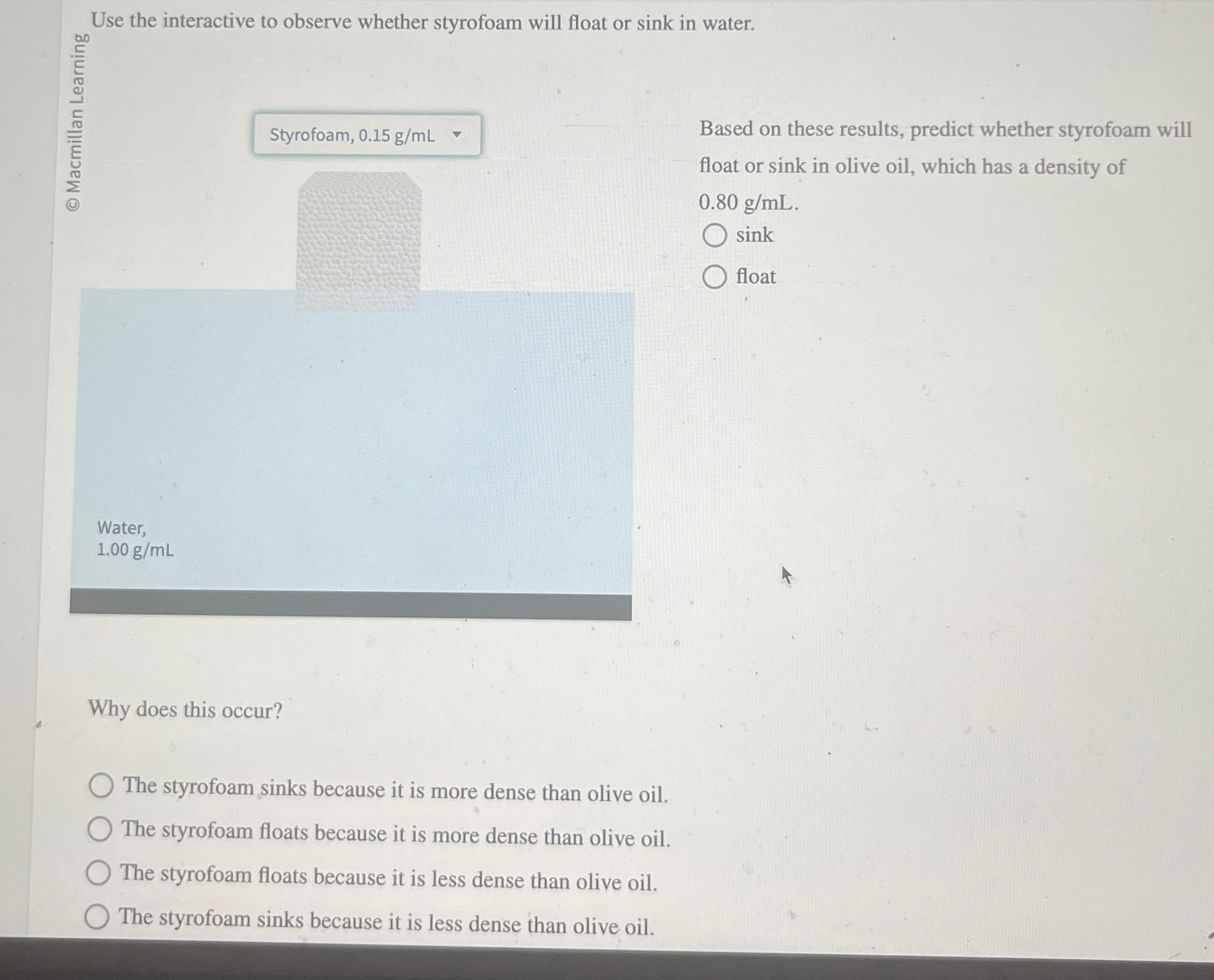 Solved Use the interactive to observe whether styrofoam will | Chegg.com