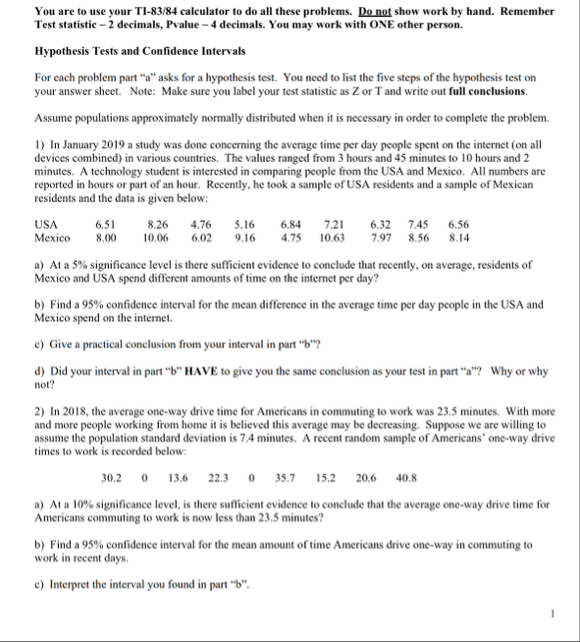 Solved You are to use your TI-83/84 ﻿calculator to do all | Chegg.com