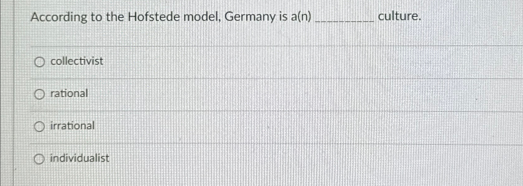 Solved According to the Hofstede model, Germany is a(n) | Chegg.com