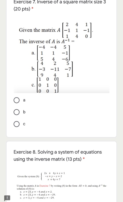 Solved Exercise 7. Inverse of a square matrix size 3 (20 | Chegg.com