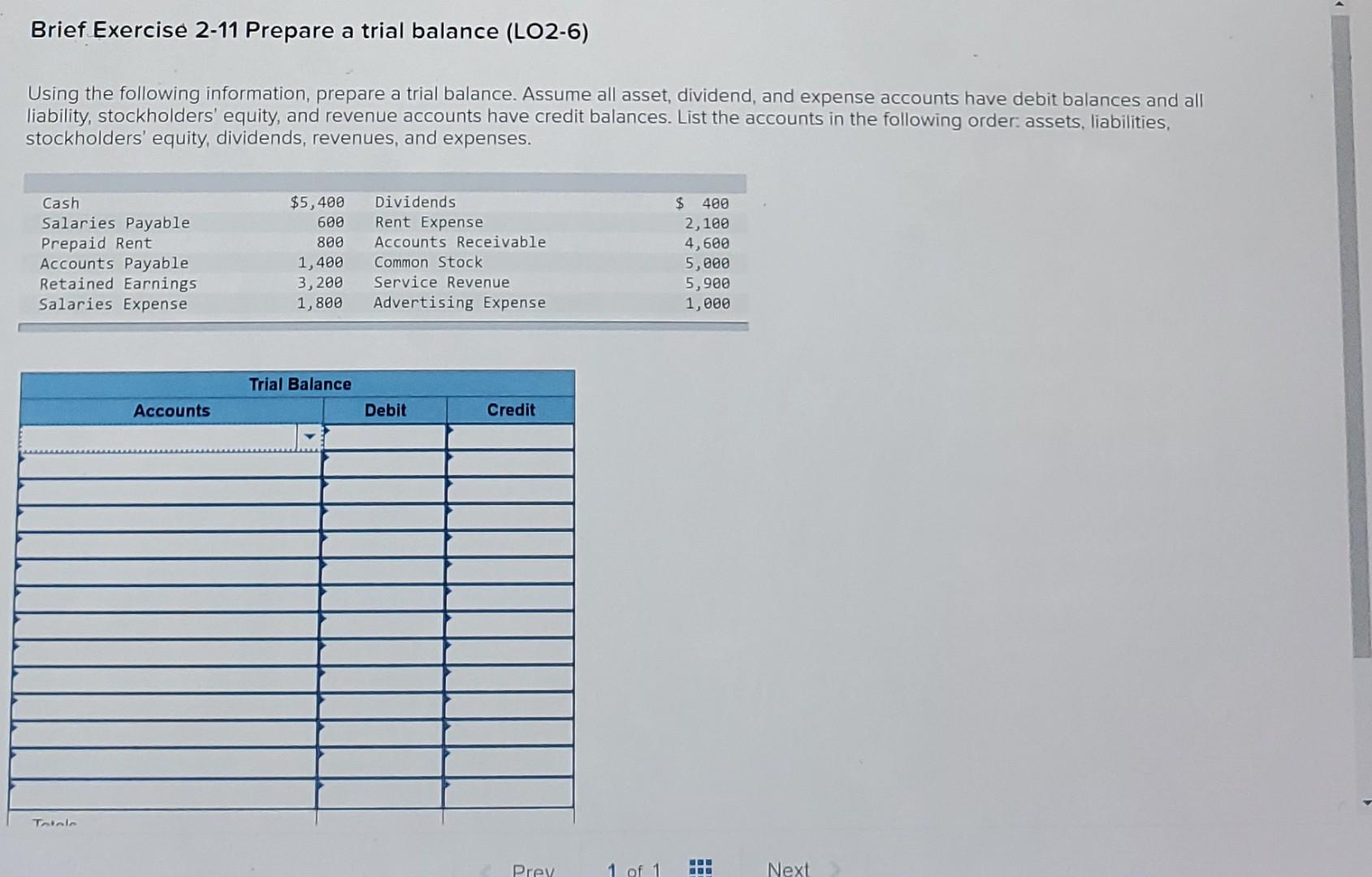 Solved Brief Exercise 2-11 Prepare a trial balance (LO2-6) | Chegg.com Solved Brief Exercise 2-11 Prepare a trial balance (LO2-6) | Chegg.com