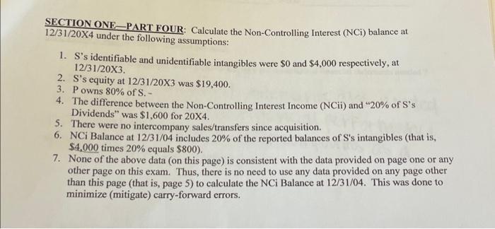 Solved SECTION ONE-PART FOUR: Calculate the Non-Controlling | Chegg.com