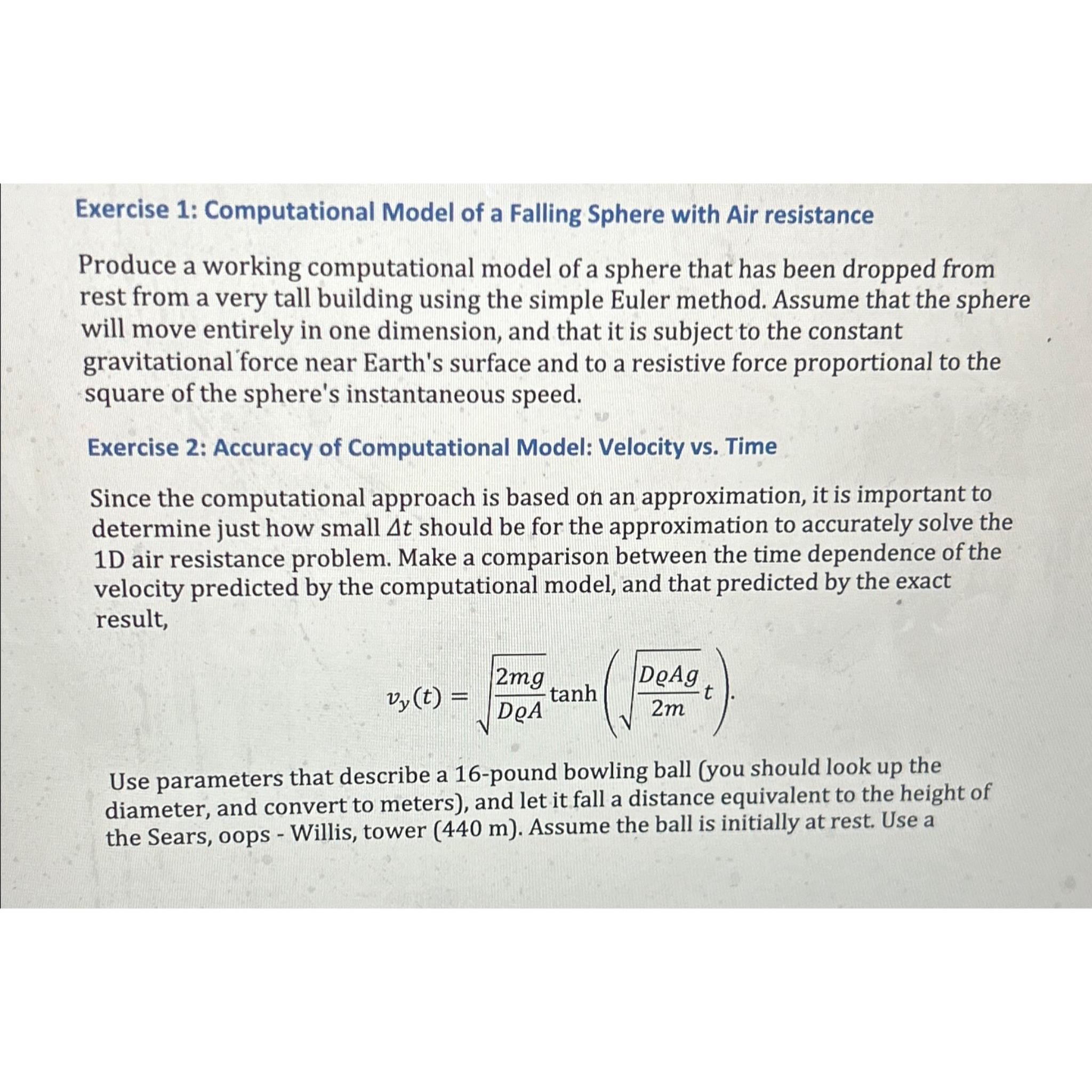 Solved Exercise 1: Computational Model of a Falling Sphere | Chegg.com