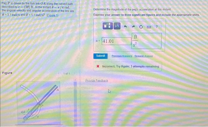 Solved Peg P is driven by the fork link OA along the curved | Chegg.com