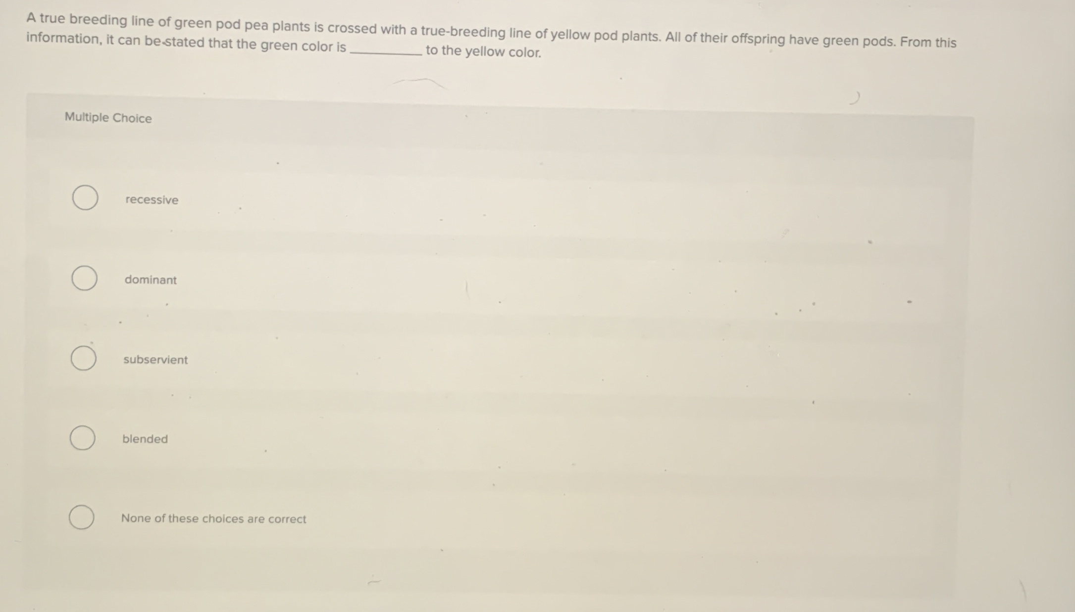 Solved A true breeding line of green pod pea plants is | Chegg.com