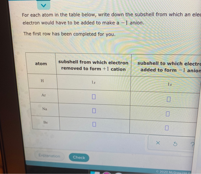 Solved For each atom in the table below, write down the | Chegg.com