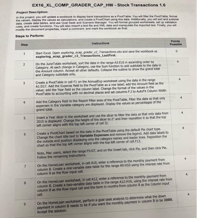 EX16_XL_COMP_GRADER_CAP_HW - Stock Transactions 1.6 | Chegg.com