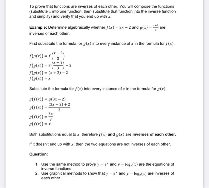 Solved To prove that functions are inverses of each other. | Chegg.com