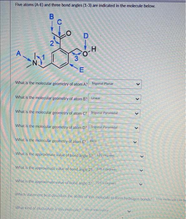 [Solved]: Five atoms (A-E) and three bond angles (1-3) are