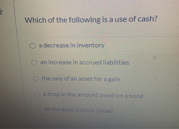 Solved Which of the following is a use of cash? a decrease | Chegg.com
