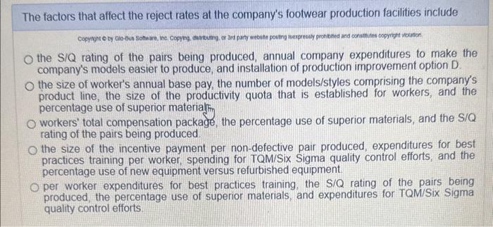 Solved The factors that affect the reject rates at the | Chegg.com