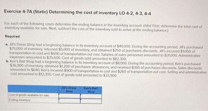 Solved Exercise 4-7A (Static) Determining the cost of | Chegg.com