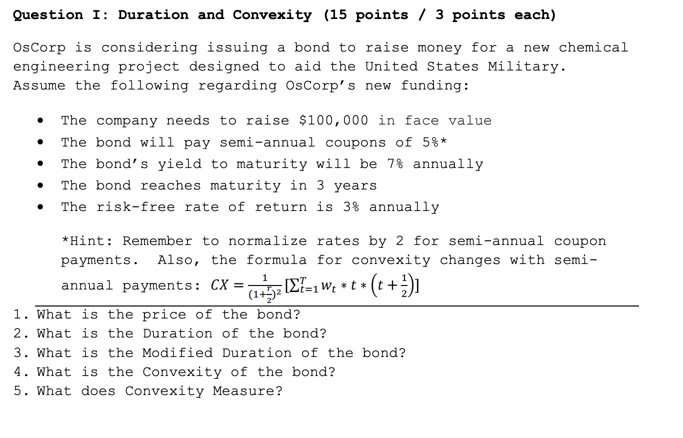 Solved Question I: Duration and Convexity (15 ﻿points ?? 3 | Chegg.com