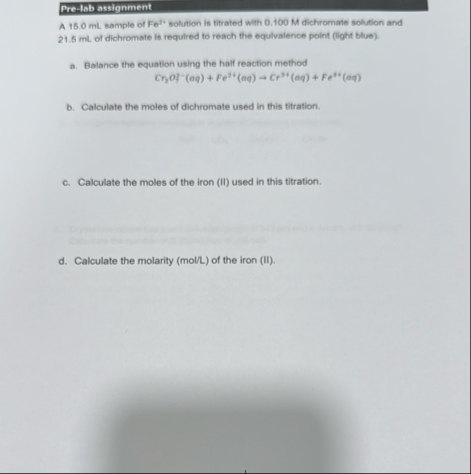 Solved Pre-Inb assignmentA 15.0 ﻿mL . ﻿sample of Fe2** | Chegg.com