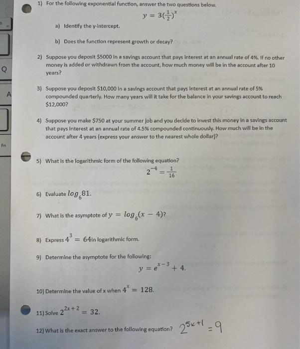 Solved 1) For the following exponential function, answer the | Chegg.com