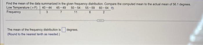 Solved Find the mean of the data summarized in the given | Chegg.com