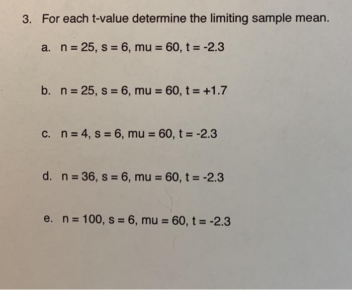 Solved 3. For each t-value determine the limiting sample | Chegg.com