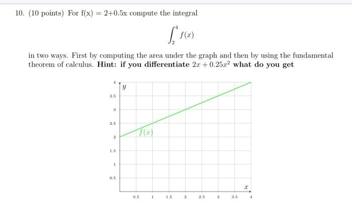 Solved 10. (10 points ) For f(x)=2+0.5x compute the integral | Chegg.com