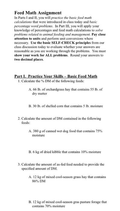 Solved Feed Math Assignment In Parts I and II, you will | Chegg.com