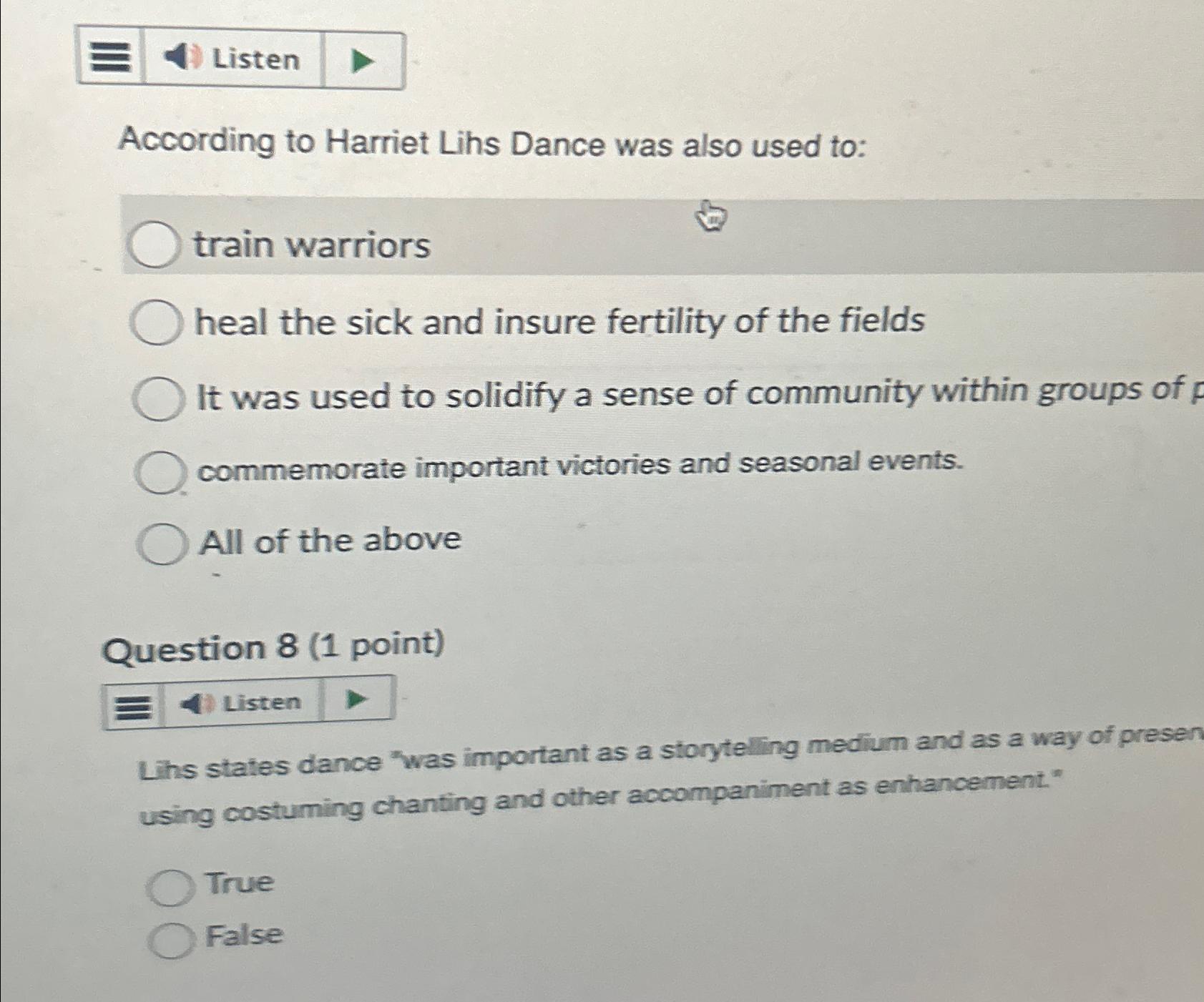 Solved ListenAccording to Harriet Lihs Dance was also used | Chegg.com