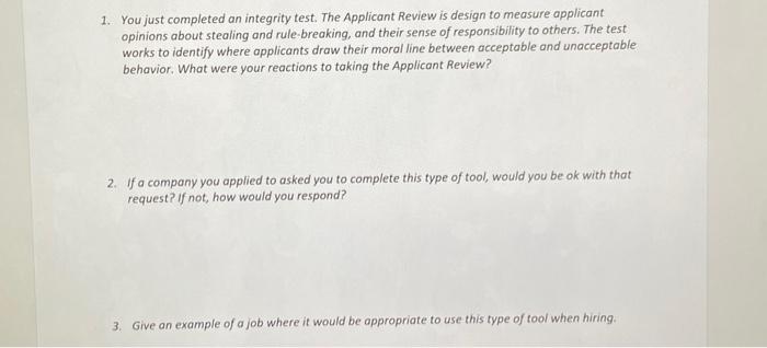 Solved 1. You just completed an integrity test. The | Chegg.com