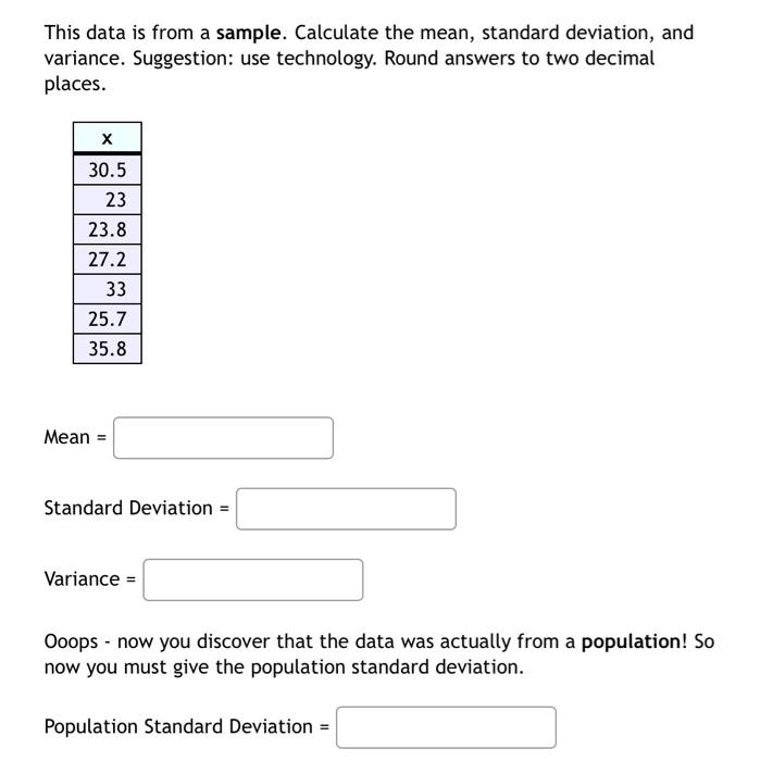 Solved This data is from a sample. Calculate the mean, | Chegg.com