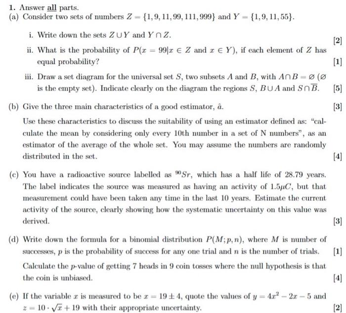 Solved 1. Answer all parts. (a) Consider two sets of numbers | Chegg.com