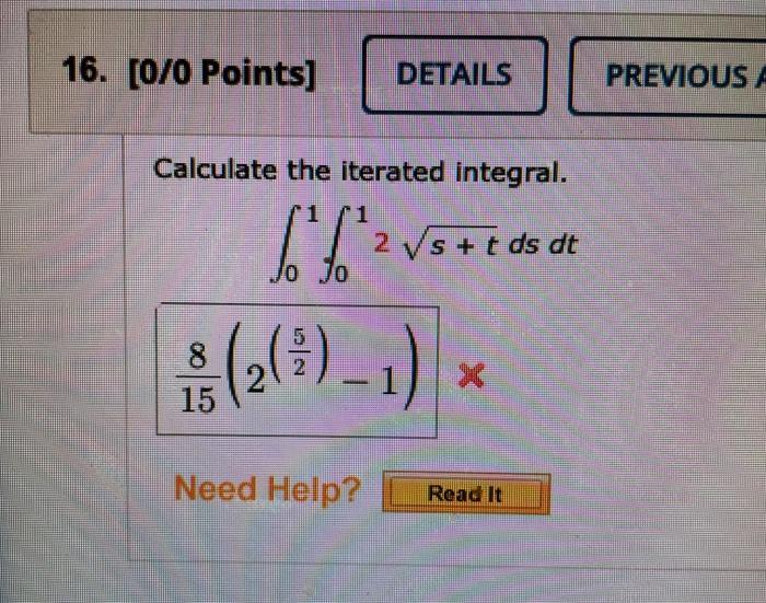 Solved 16. [0/0 Points] DETAILS PREVIOUS A Calculate the | Chegg.com