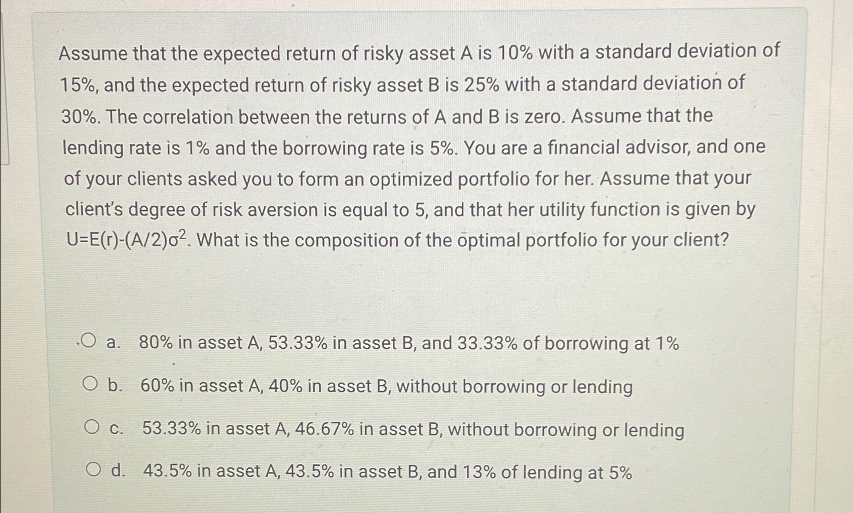 Solved Assume that the expected return of risky asset A ﻿is | Chegg.com